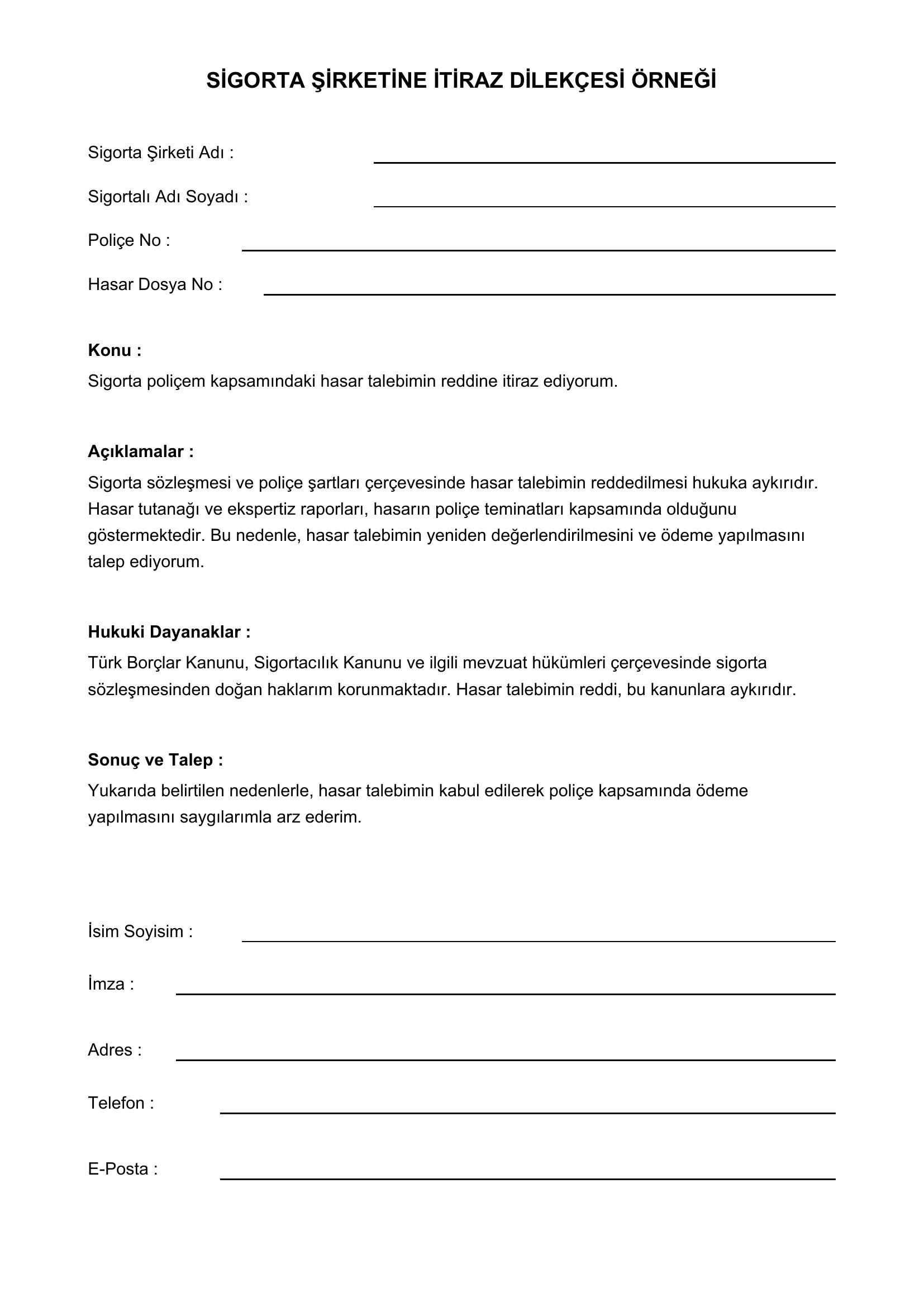 Sigorta Şirketine Itiraz Dilekçesi Örneği